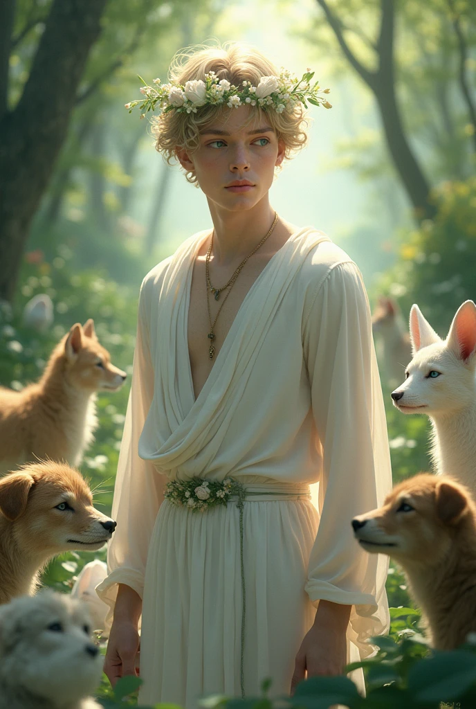 A man god with pretty wavy short hair with flower crown with long white ...