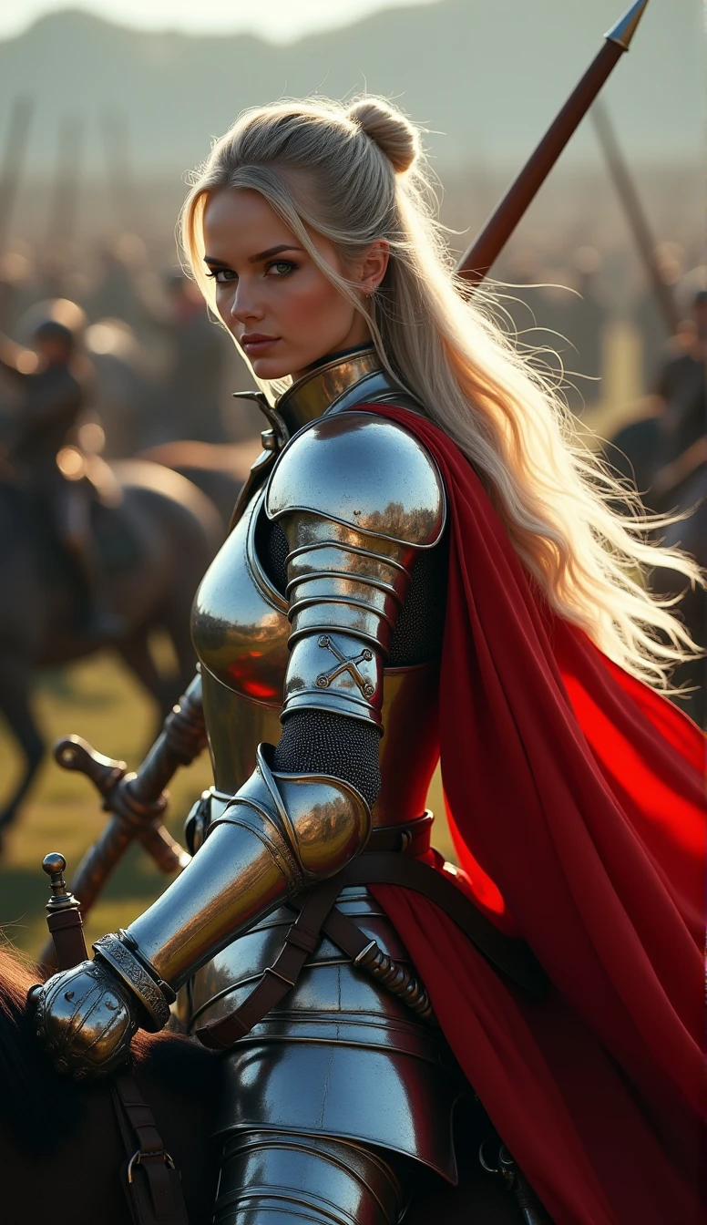 female rider wielding a sword on a battlefield , ((work of art - SeaArt AI