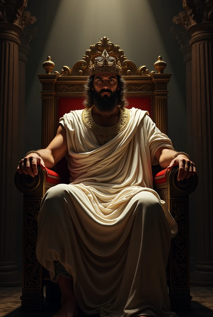 A king of ancient greece sitting on a throne in a dark room,detailed ...