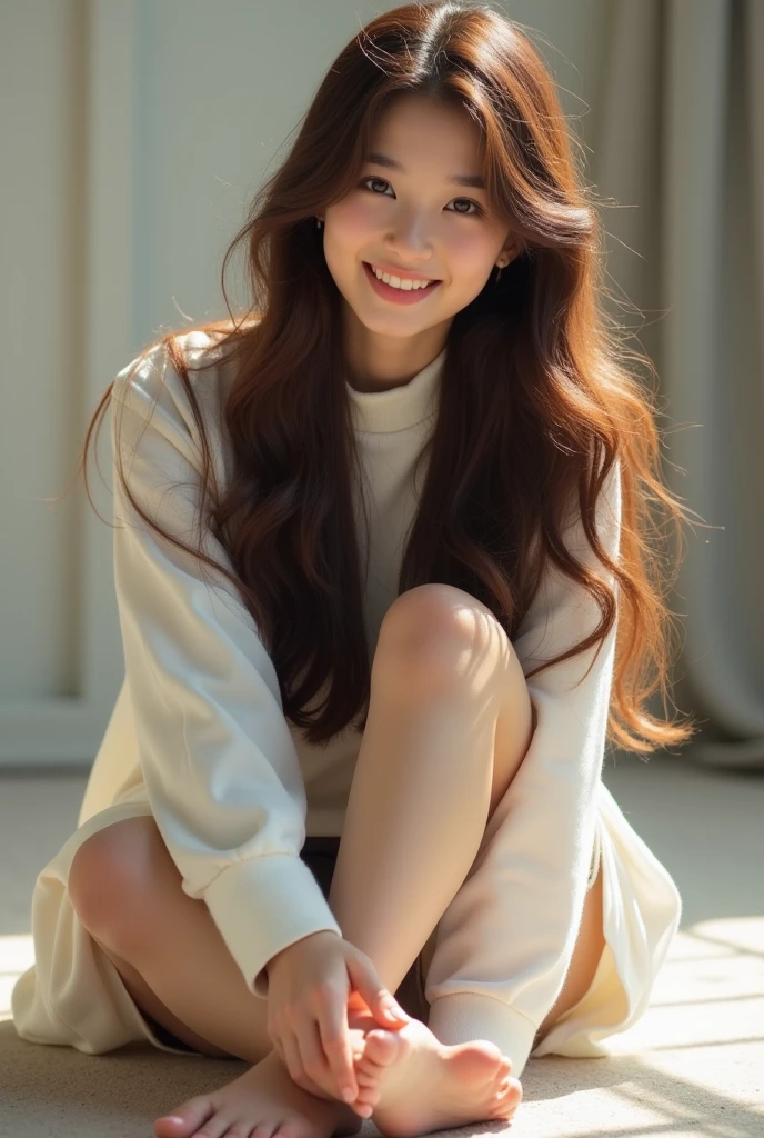 A beautiful girl loong brown hair, korean girl showing her feet - SeaArt AI