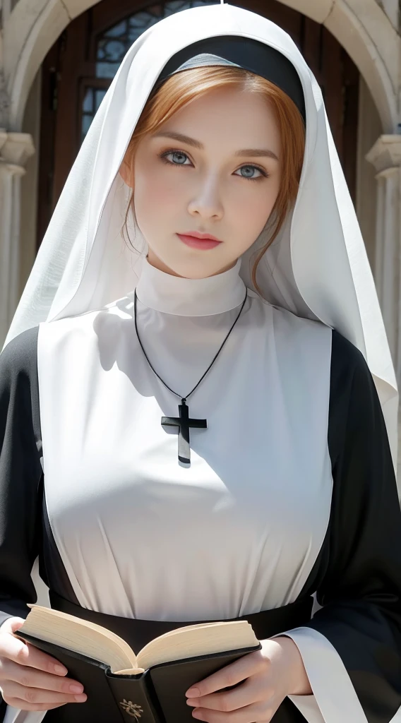 A beautiful nun, ginger hair, greenish gray eyes, pale skin, dressed in ...