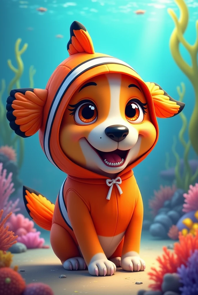 Dog were nemo fish suit in cartoon style - SeaArt AI