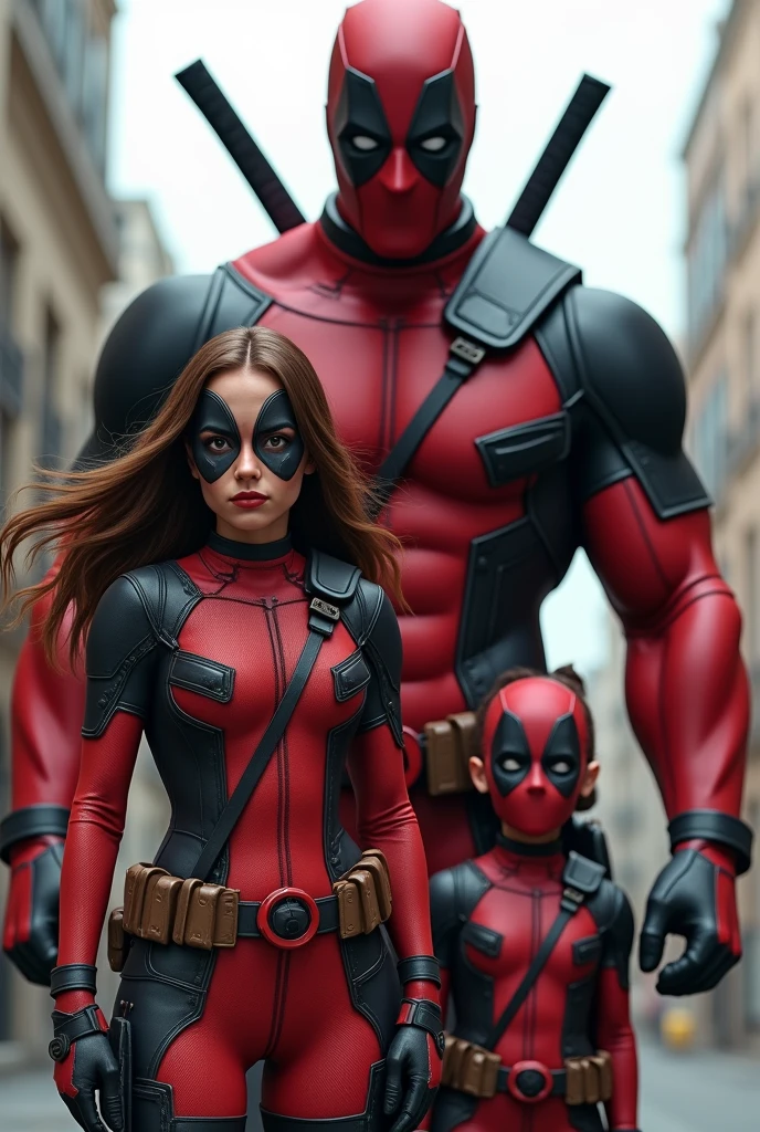 A woman with deadpool clothes and a mask with brown hair, a 4 - SeaArt AI
