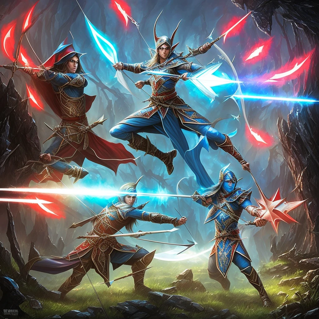 (Super quality image, fantasy rpg, elves, blue, white and red lights ...