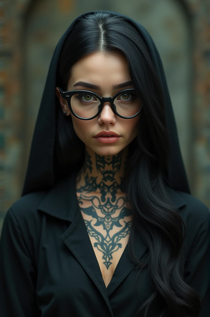 Witch without a hat with long black hair combed to the side with pointy ...