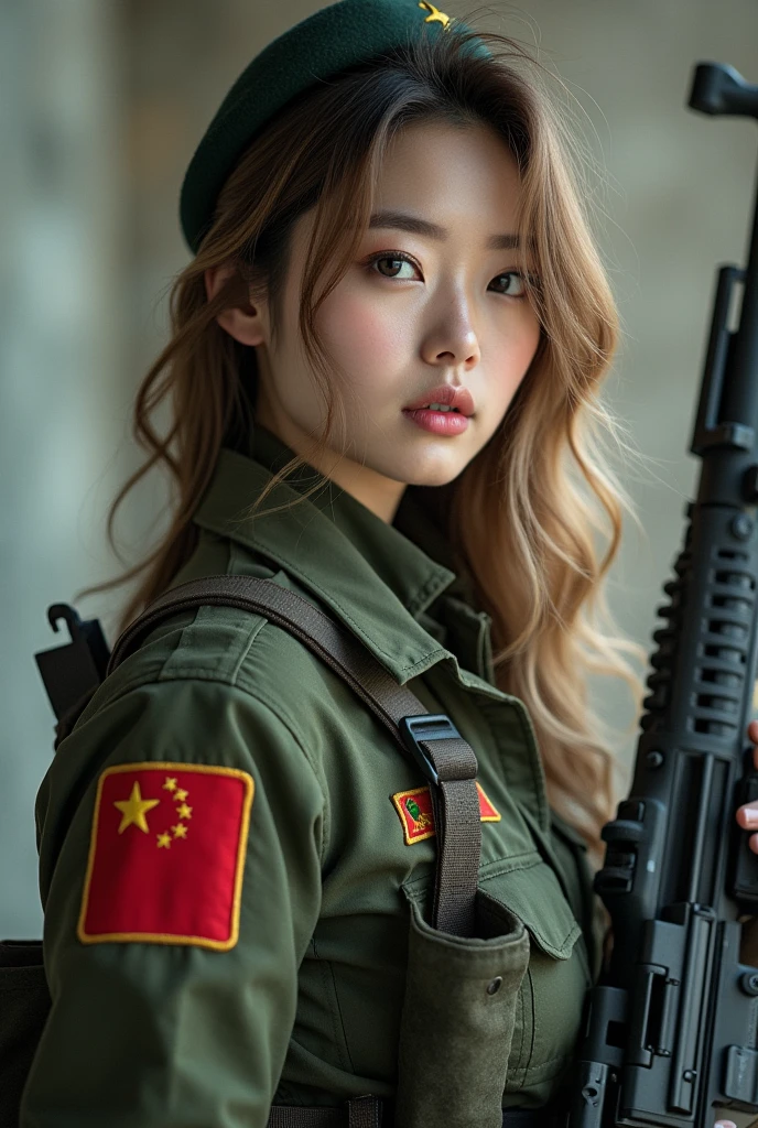 Asian woman in tank top holding gun, Beautiful Female Soldier - SeaArt AI