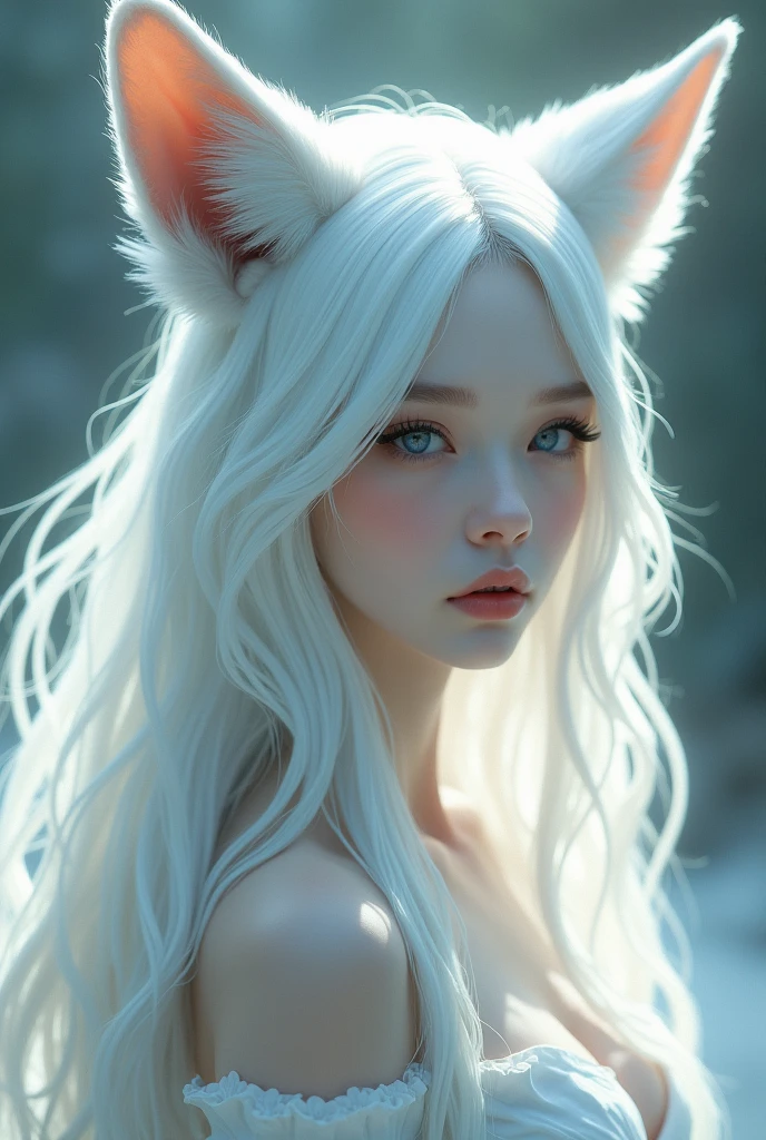 A woman with animalistic features, with white fox ears above his head ...