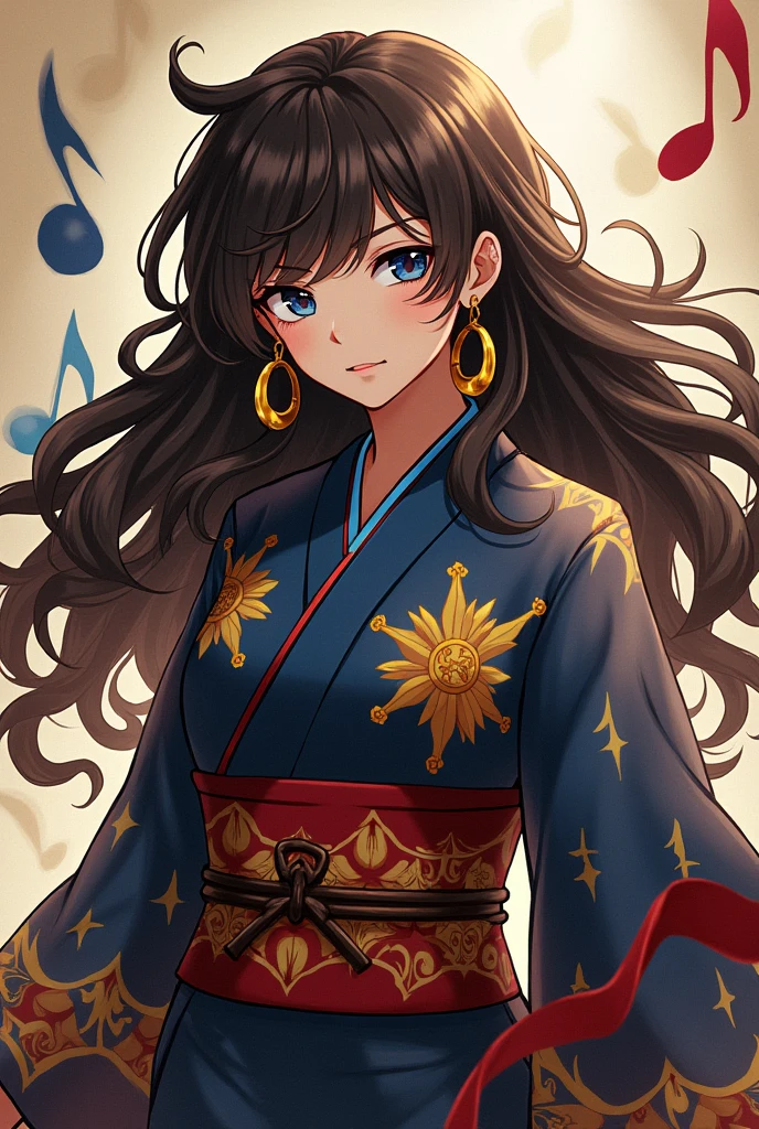 A brunette girl, with long curly hair, slanted and dark blue eyes ...