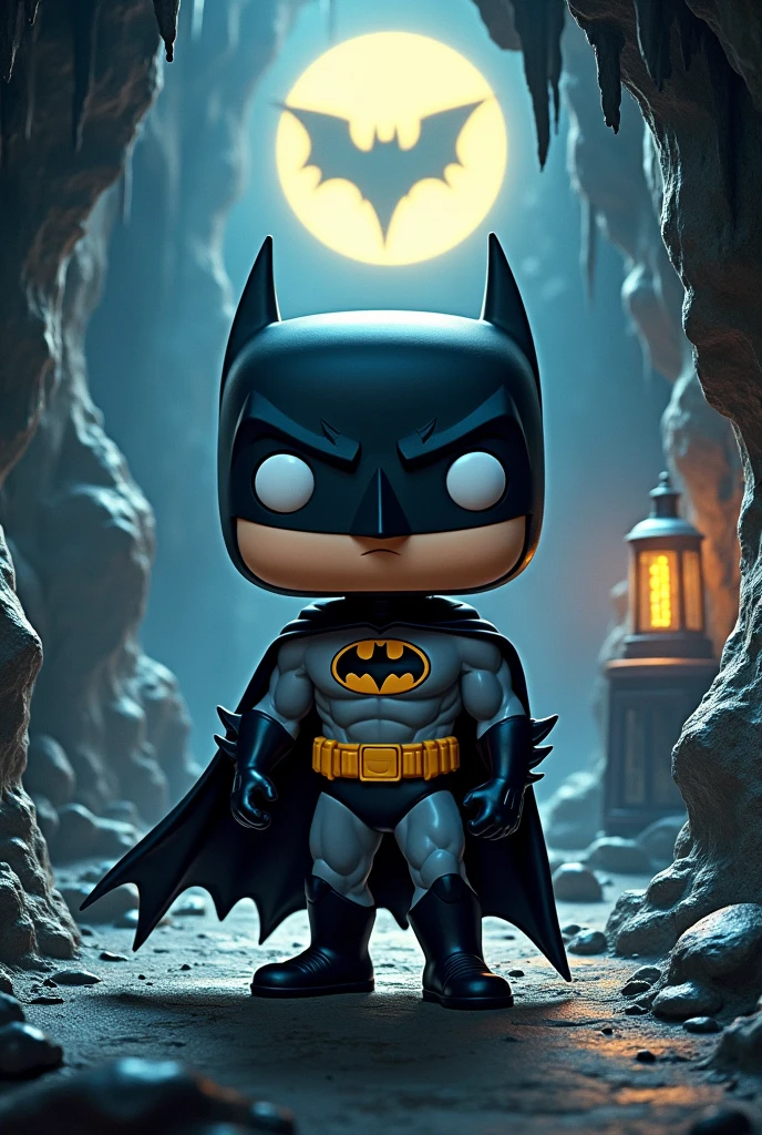 Create an image of a batman tcg card with the batcave in the background ...