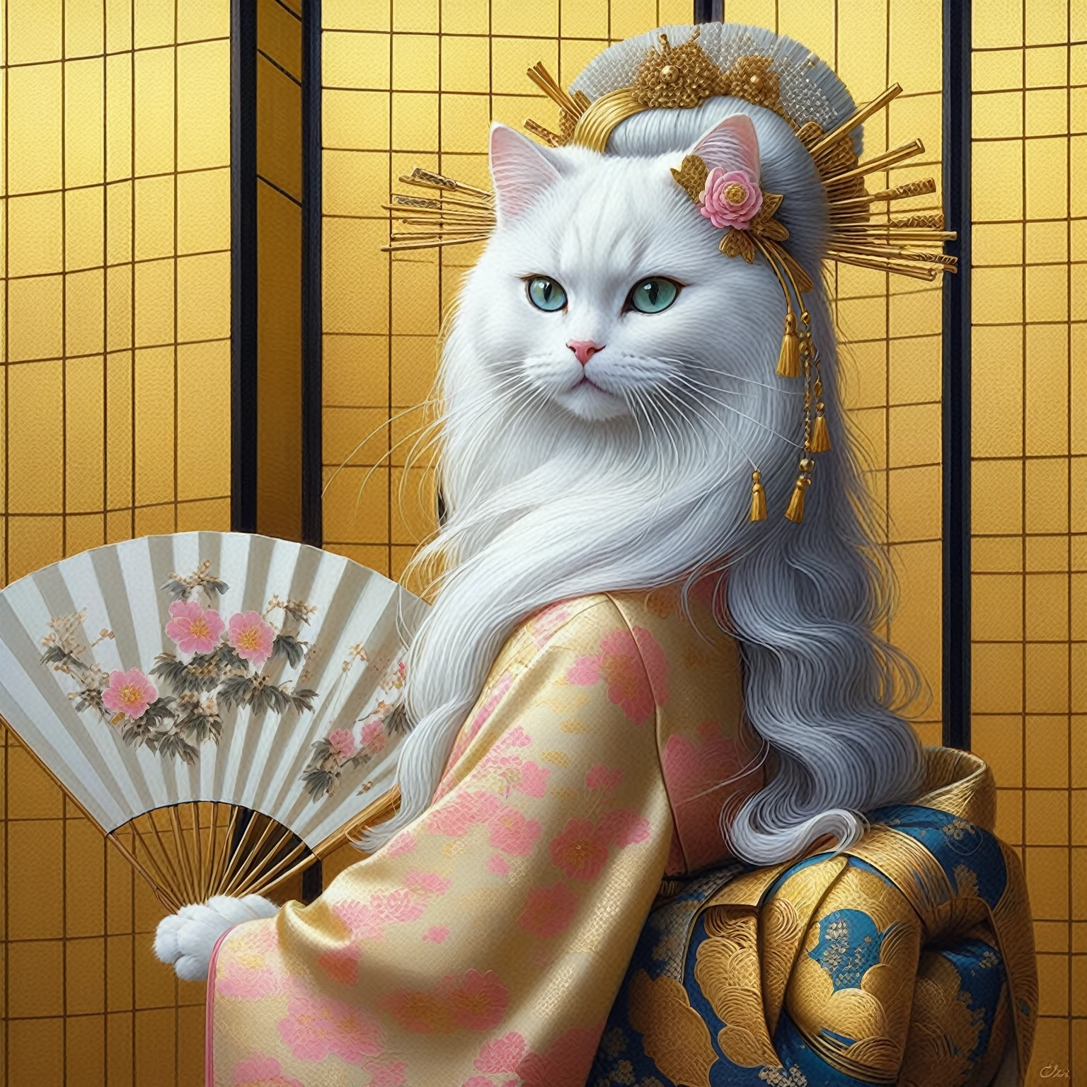 There is a White Cat with a gold crown and a fan, chie yoshii - SeaArt AI