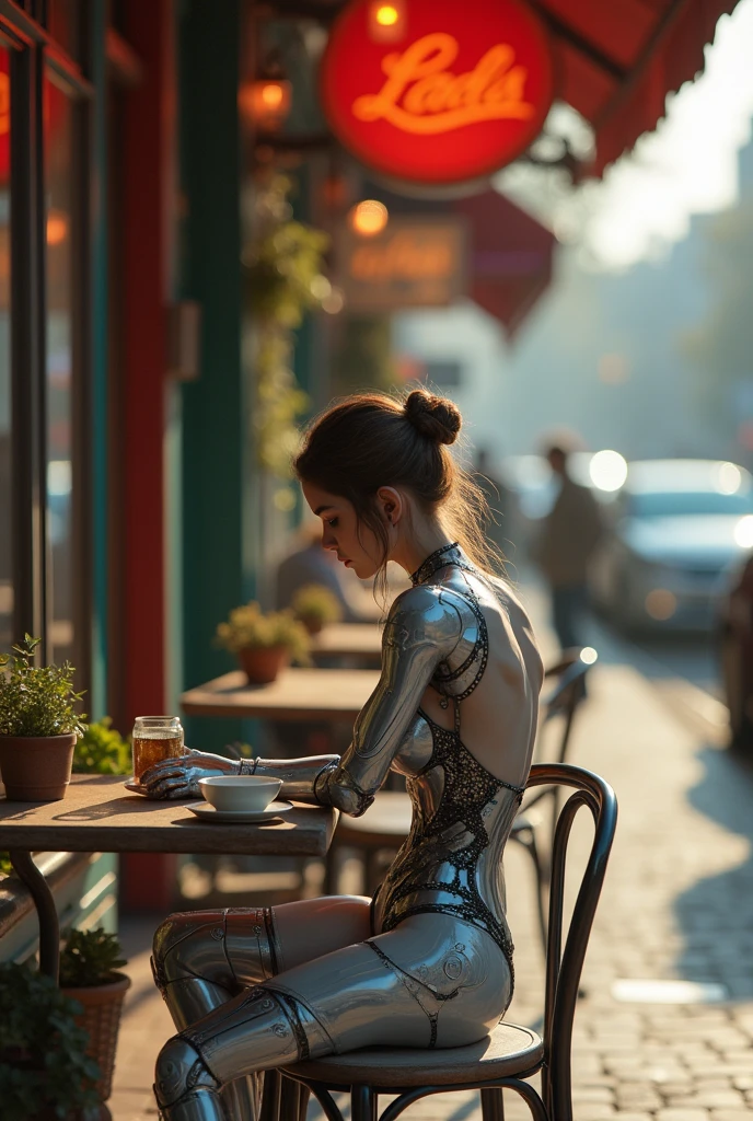 A cyborg girl sits at a table in a street cafe, Best quality - SeaArt AI