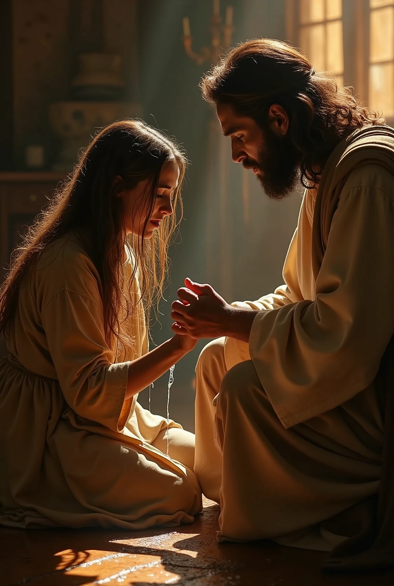 Jesus is kneeling down to a woman who is holding a rosary - SeaArt AI
