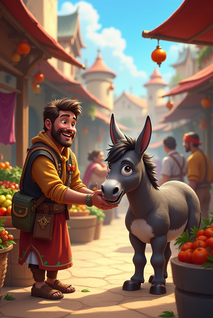 A lively village marketplace with various stalls and animals - SeaArt AI