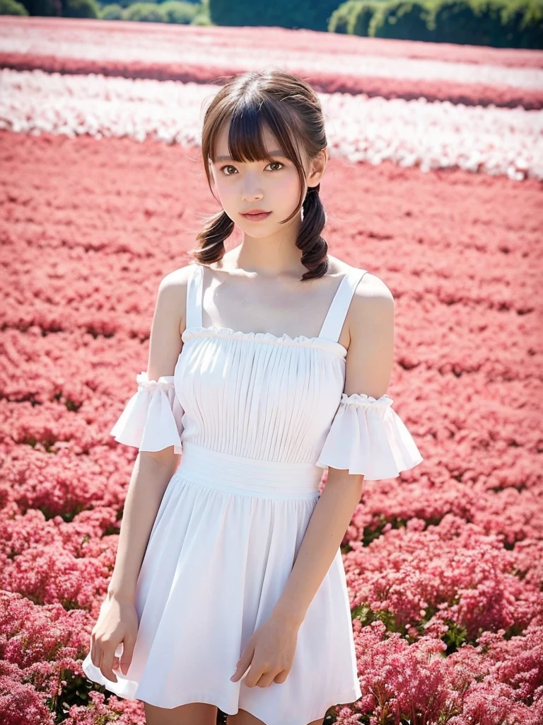 Girl standing in a pink flower field,White ruffled long flare dress ...
