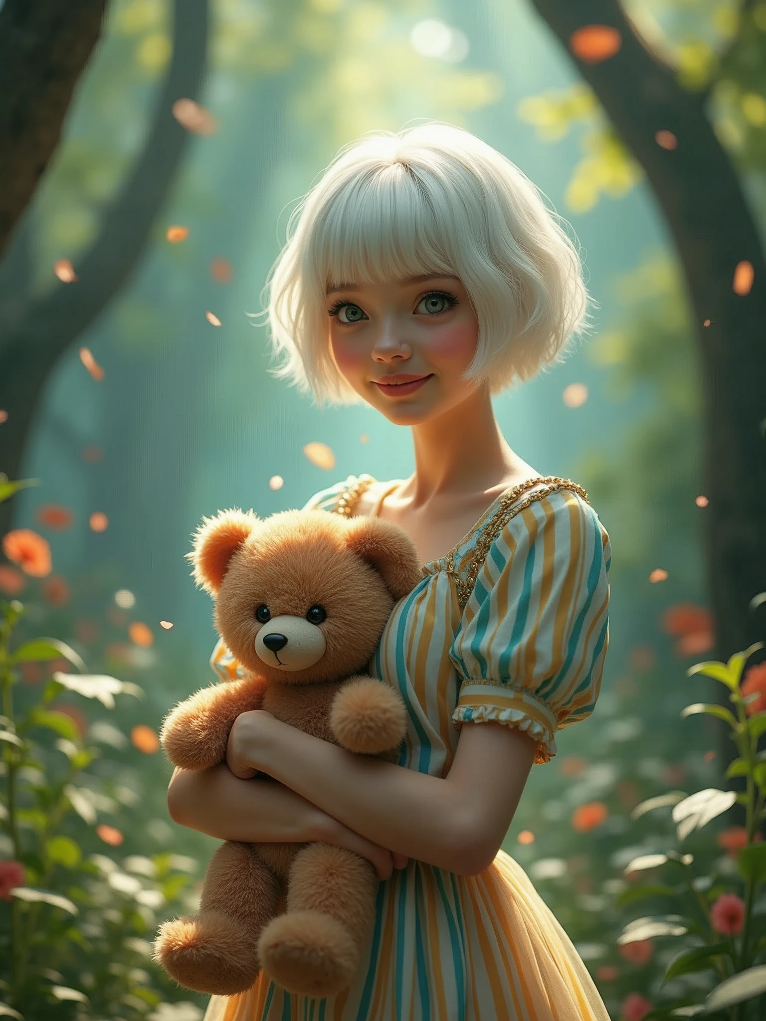 There is a woman holding a teddy bear in a forest - SeaArt AI