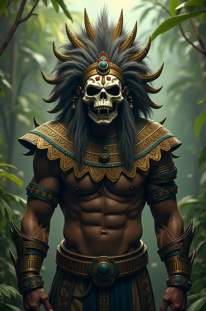 Aztec king with skull mask, Lion helmet and short hair - SeaArt AI