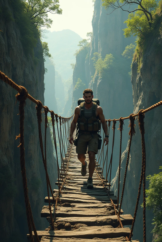 Man climbing wooden bridge - SeaArt AI