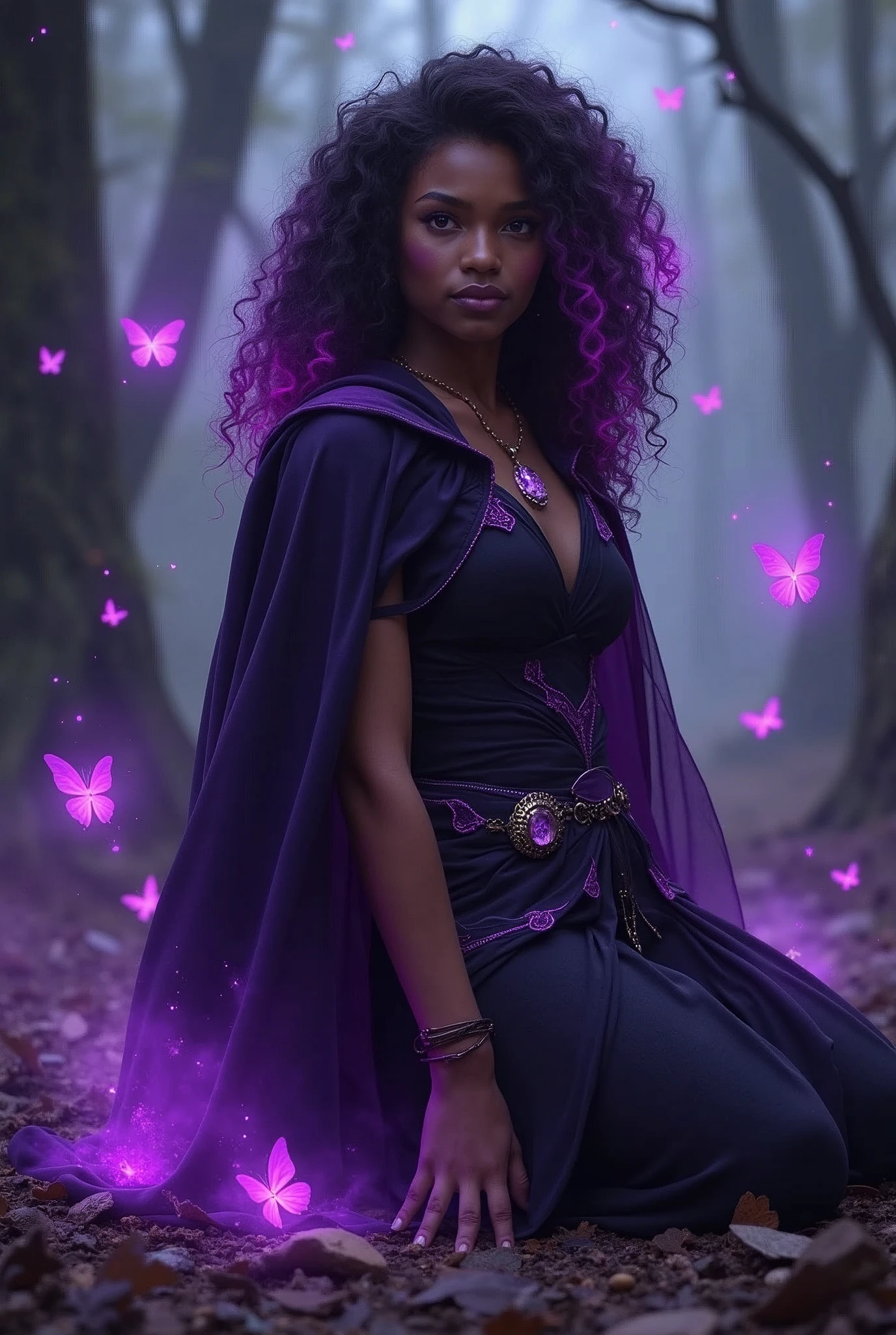 Purple fairy sitting in the woods with butterflies flying around her ...