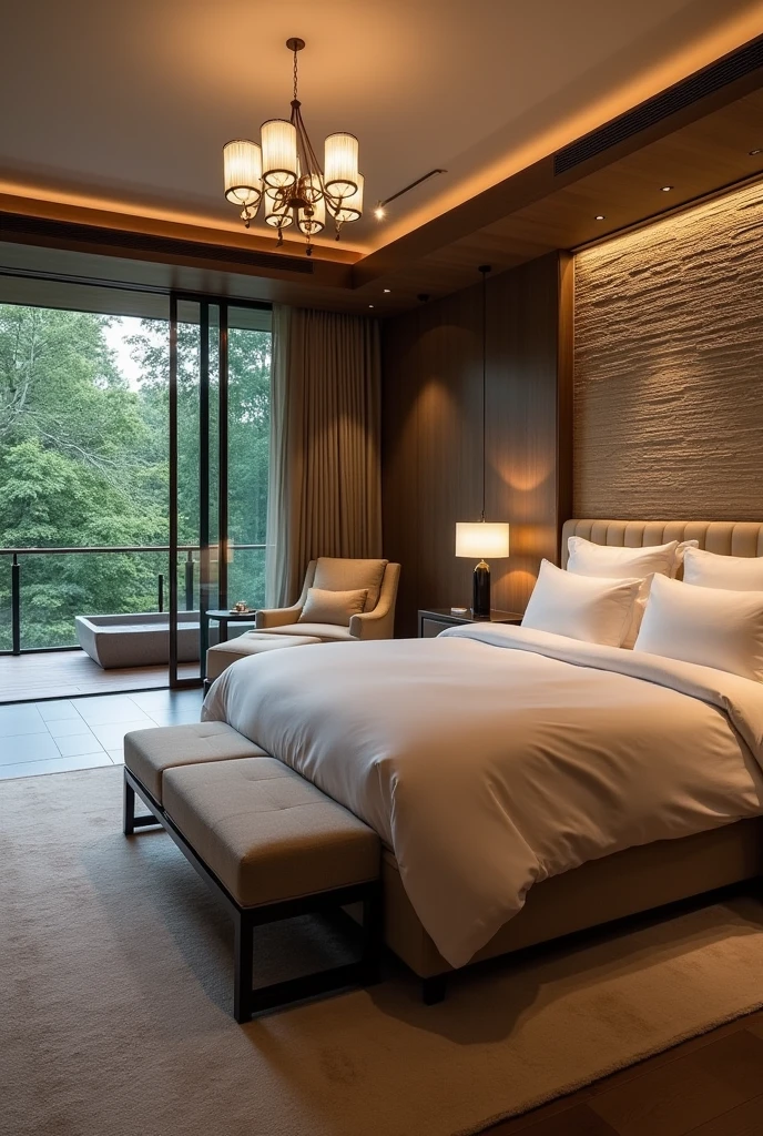 A luxurious master bedroom with a king-sized bed dressed in premium ...