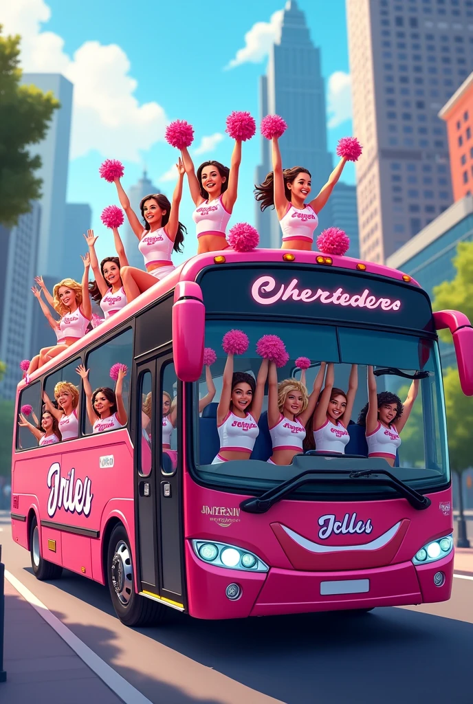 Cheerleading bus in , with white and pink colors, - SeaArt AI