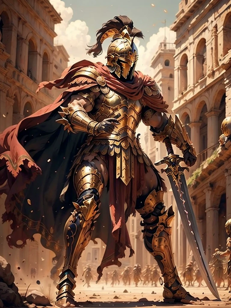A Roman gladiator, wearing golden armor, helmet, and a sword - SeaArt AI