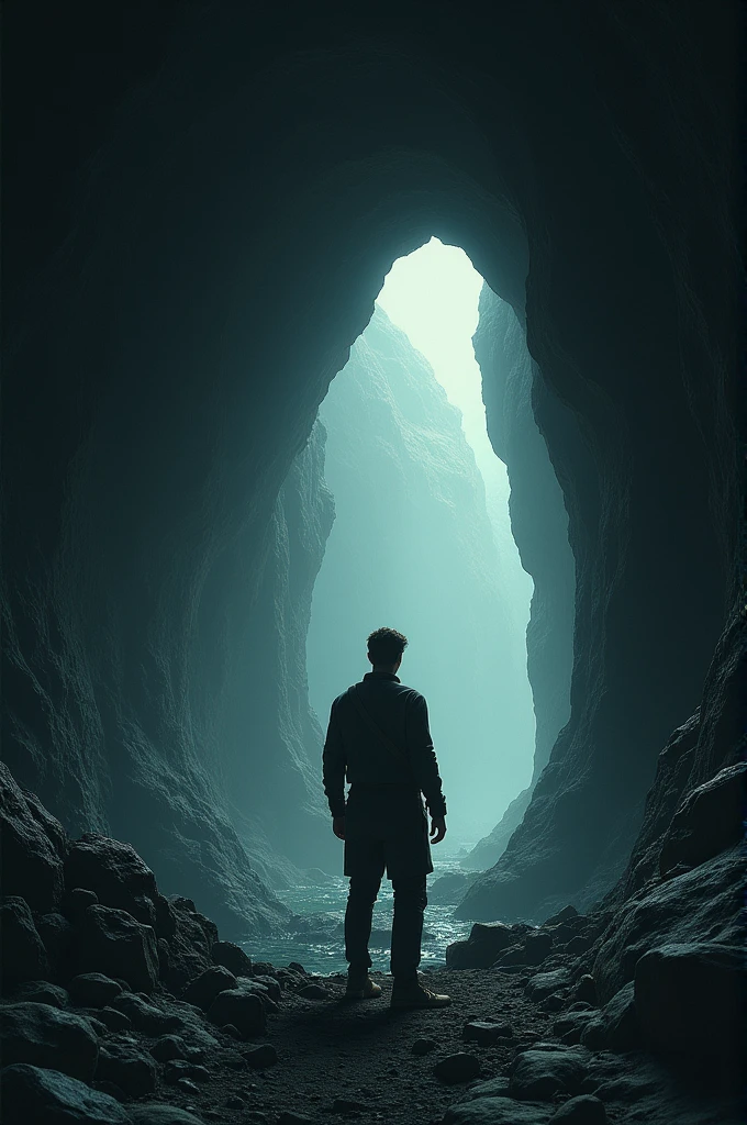 A man looking into a cave - SeaArt AI