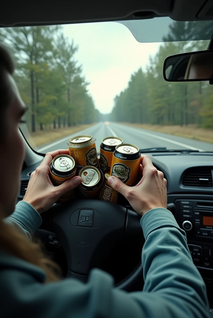 (photorealism:1,2) drunk driving with 1 million beer cans in their hand ...