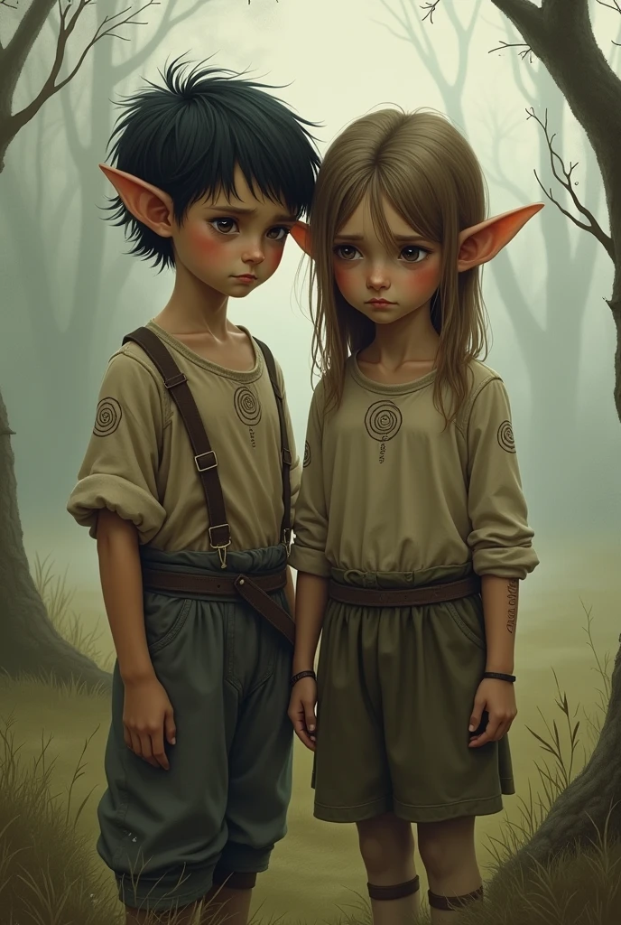 Two elf children, a boy and a girl, about 10 years old, dressed as ...