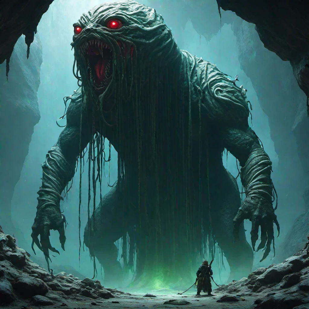 A close up of a giant monster with red eyes in a cave - SeaArt AI