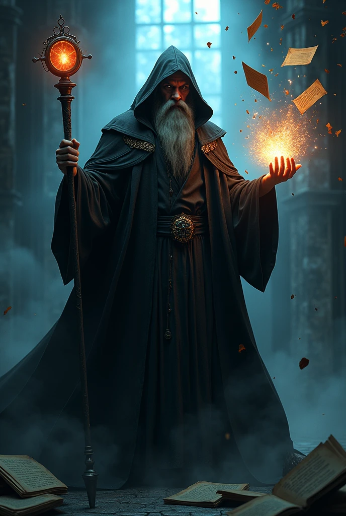 Dark wizard, magic coming out of your eyes, file folders floating in ...