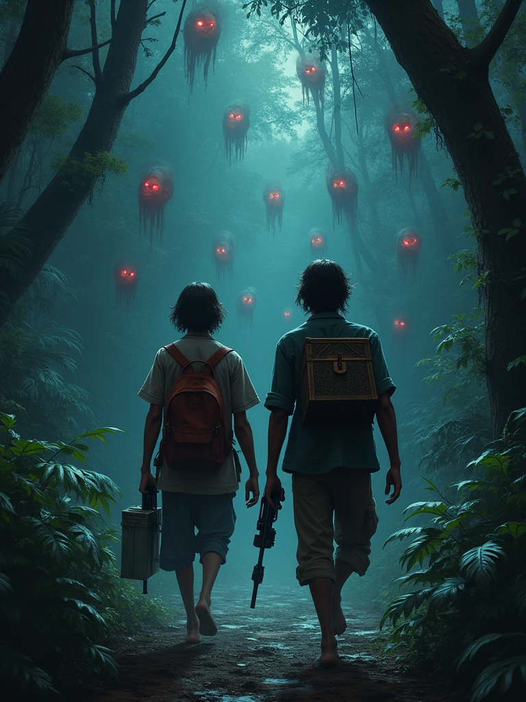 Two Cambodian hunters carrying guns carrying a treasure chest through ...