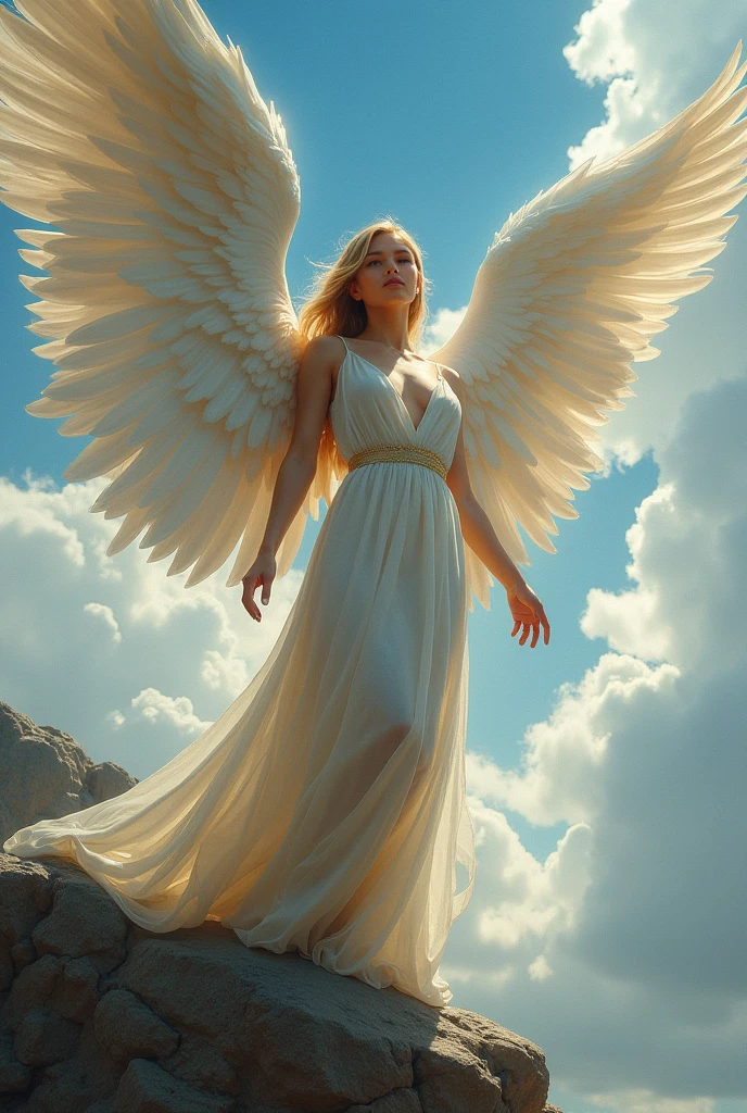 A sexy woman with angel wings posing on a rock, sexy painting of gal ...
