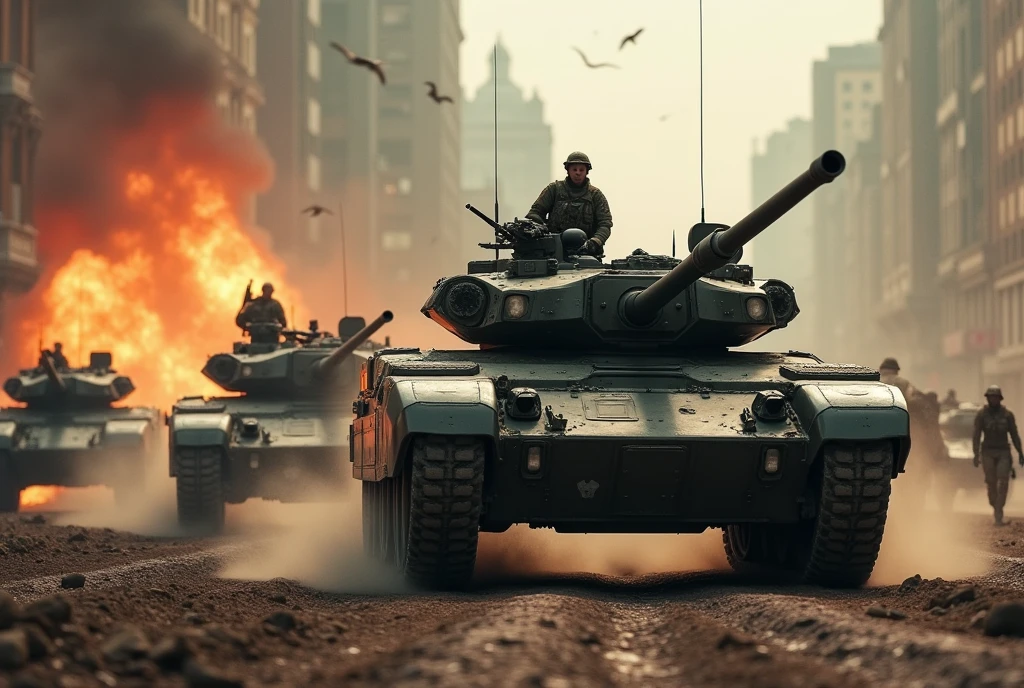 Enemy tank units invading the city, futuristic armored tanks with ...