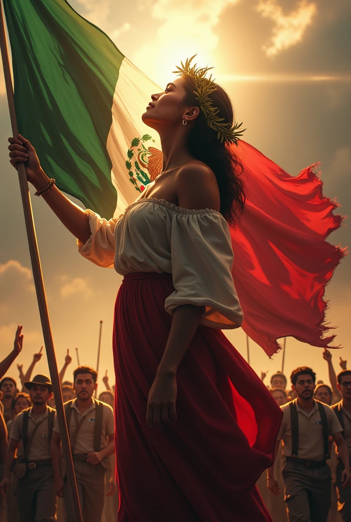 A dark-skinned woman personified as the Mexican homeland with a laurel ...