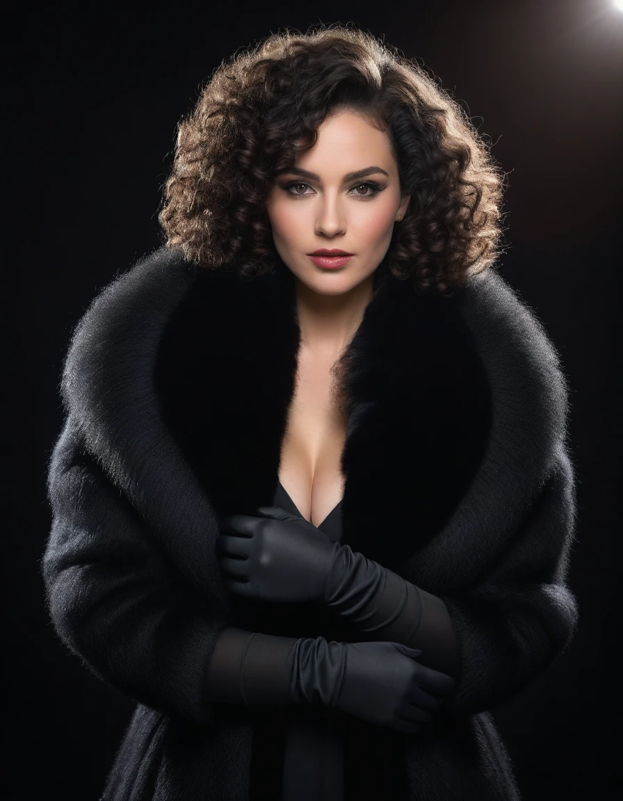 Hyperrealistic portrait of young femme fatale woman with black curly ...