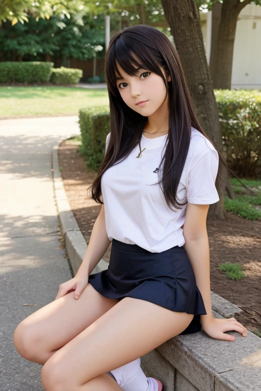 Anime teen in short skirt sitting with cross leggs and her pantie is ...