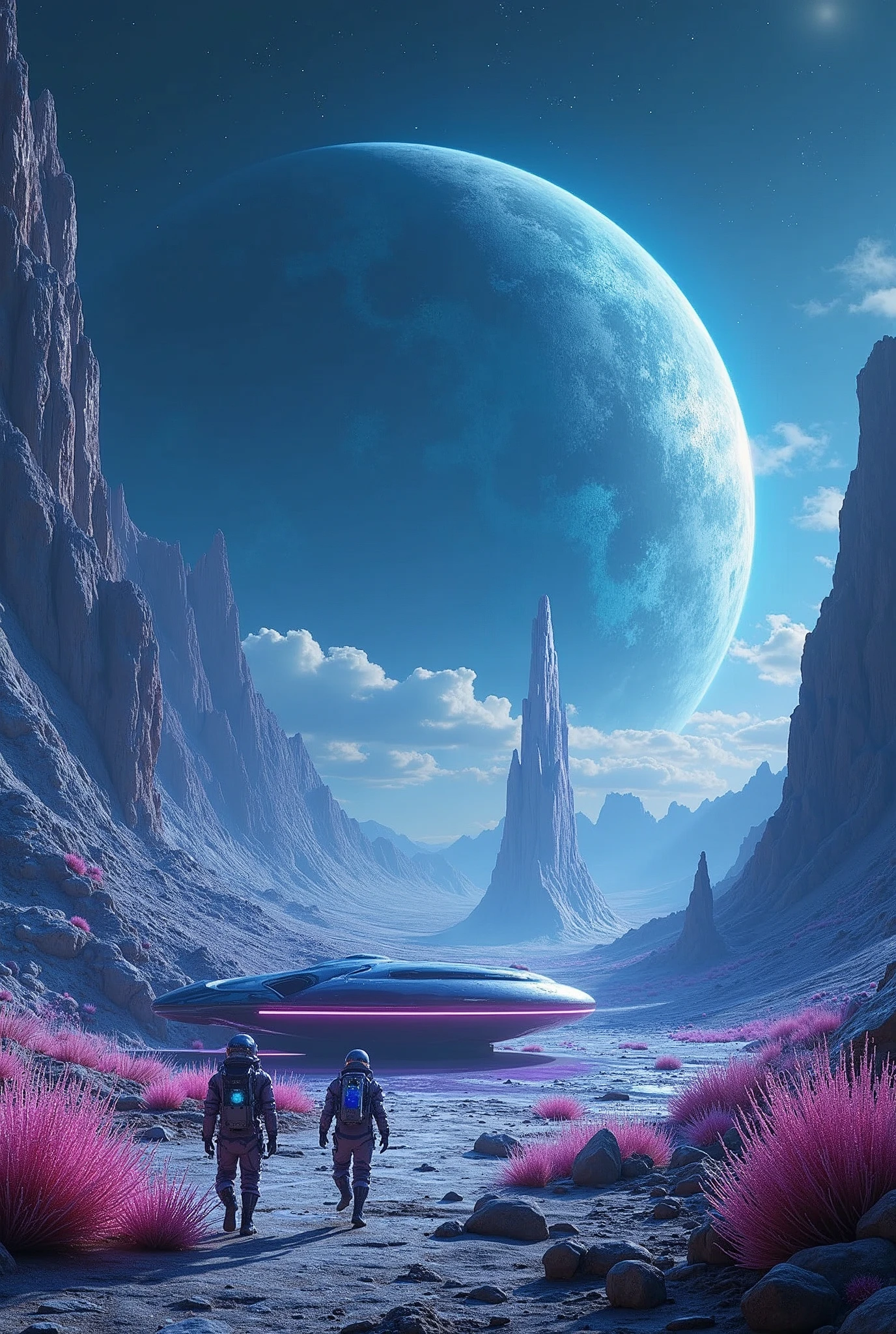 Spaceships in a sci - fi landscape with pink grass and rocks - SeaArt AI