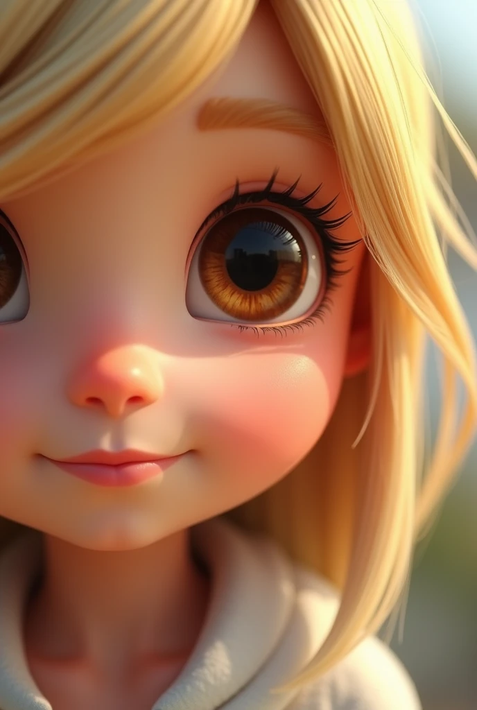 A close up of a cartoon girl with medium blonde hair and brown eyes ...