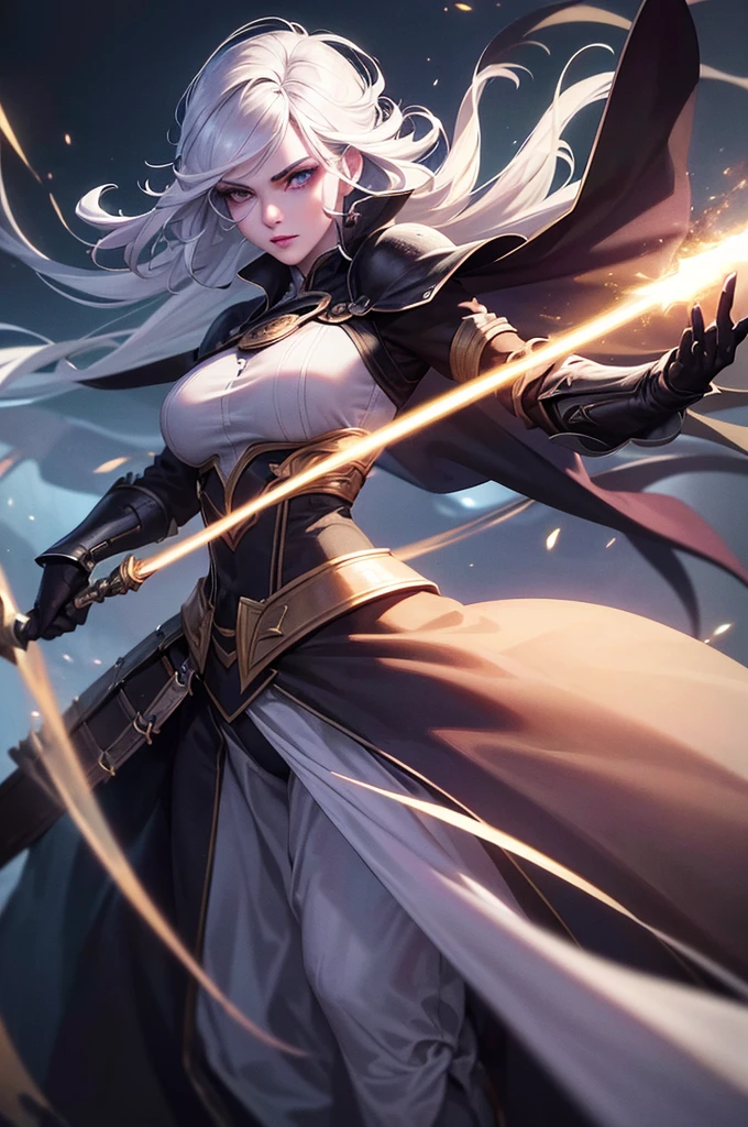 A woman with medium white hair and pale skin, wielding a flaming rapier ...