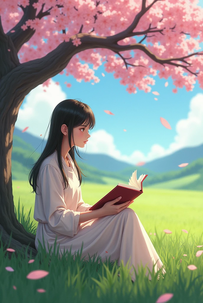 A woman reading under the sakura tree in the green fields - SeaArt AI