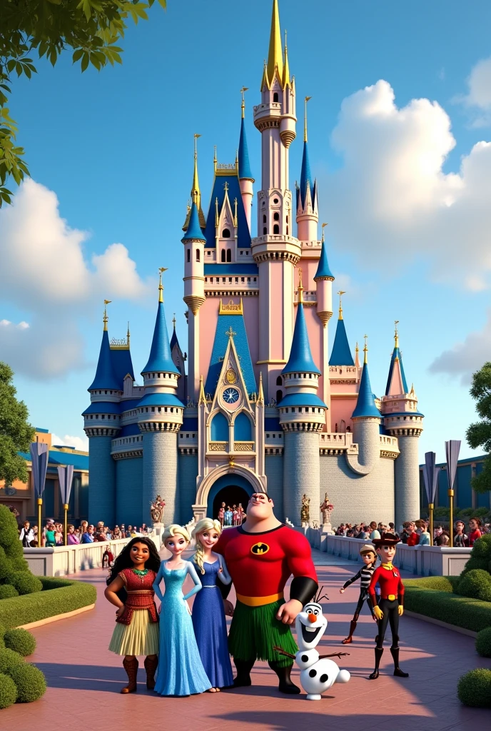 Imagine a big Disney castle with Moana and Maui standing at the ...
