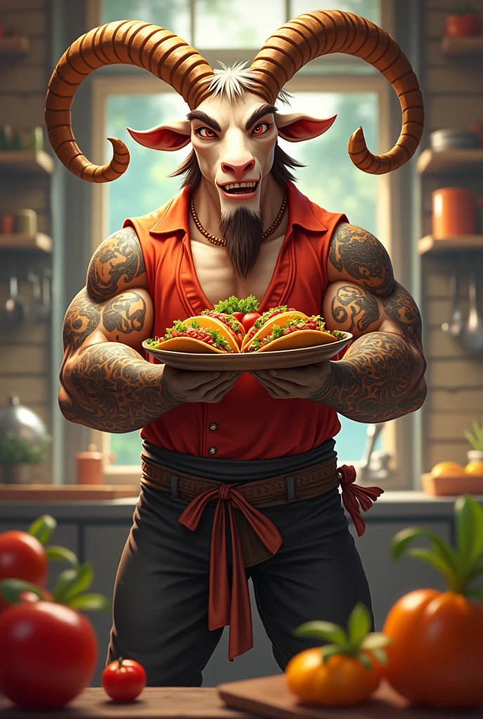 Animated goat chef with muscles wearing a black Filipino chef shirt and ...