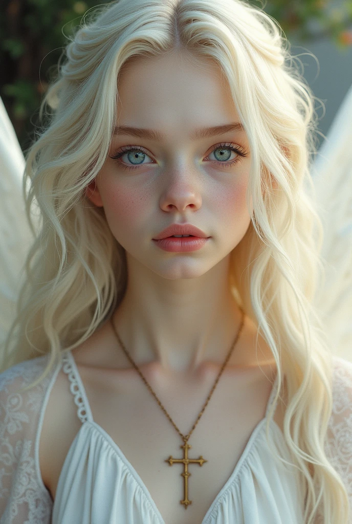 A girl with long, wavy light blonde hair, light blue almond-shaped eyes ...