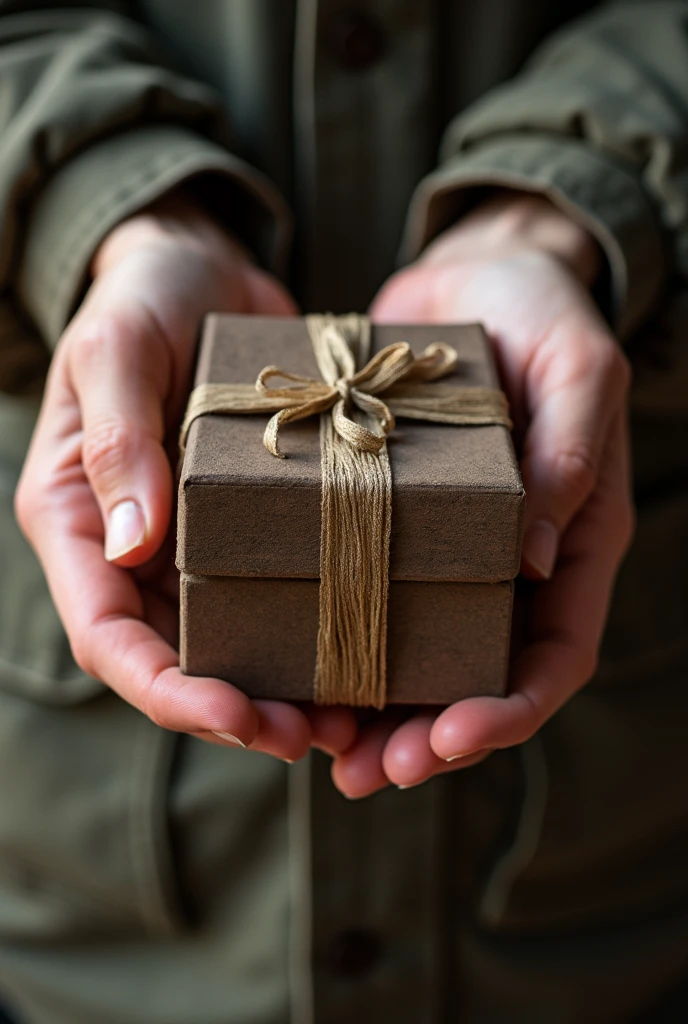 Hands of a 50 year old adult , uncovering a box 15 cm high by 3 cm wide ...