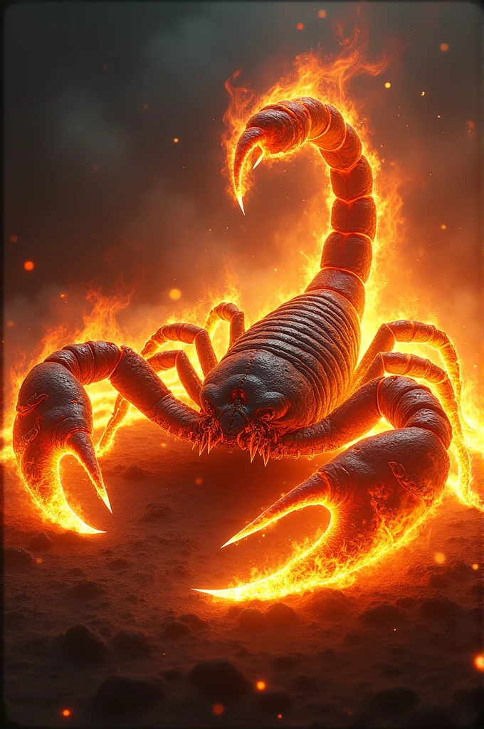 Imagine a giant scorpion on a dark background, with intense flames ...