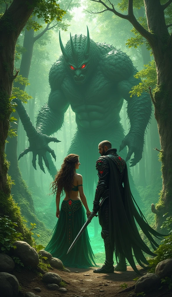 In the heart of a mystical forest, where towering trees and dense ...