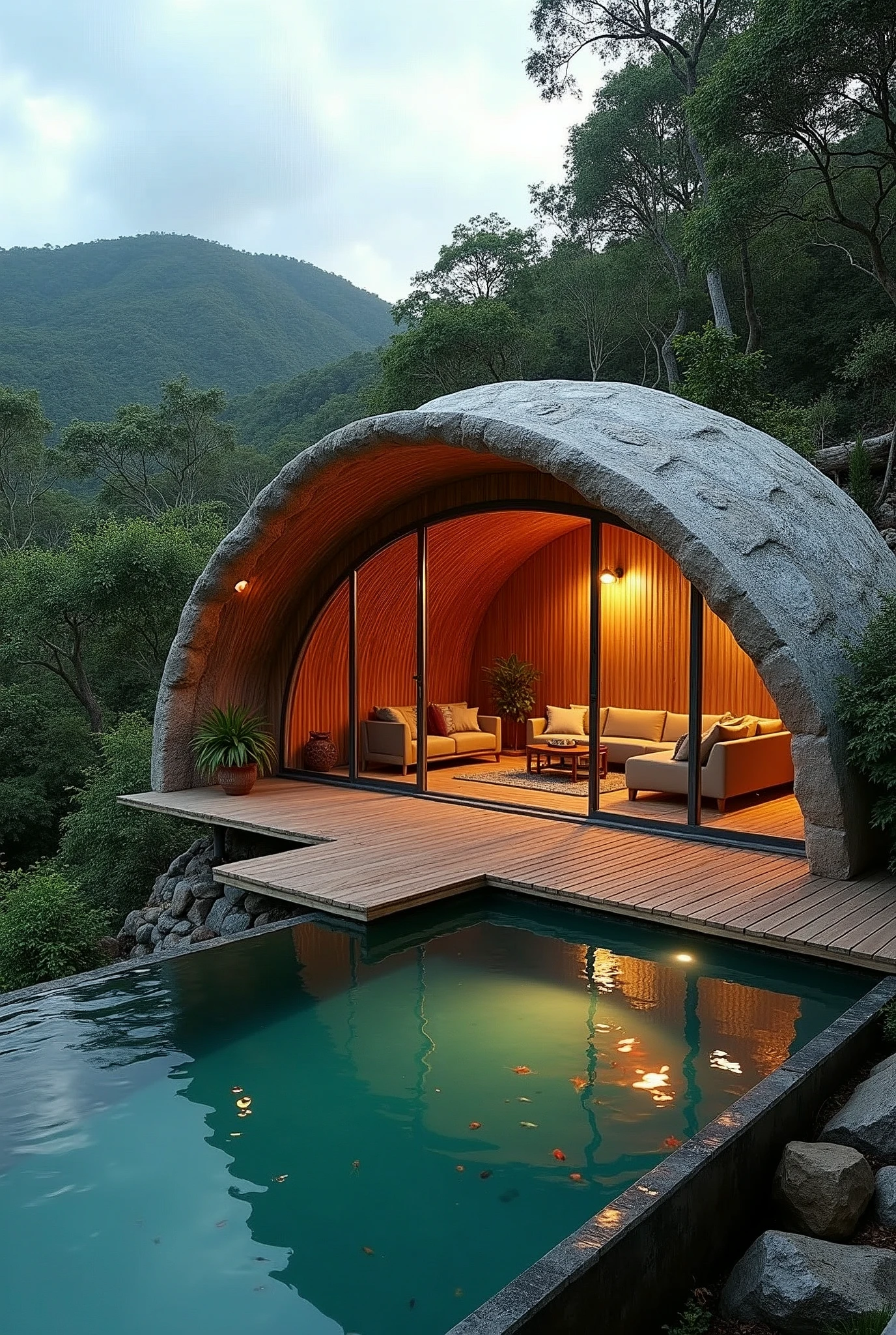 There is a large pool in the middle of a wooden deck - SeaArt AI