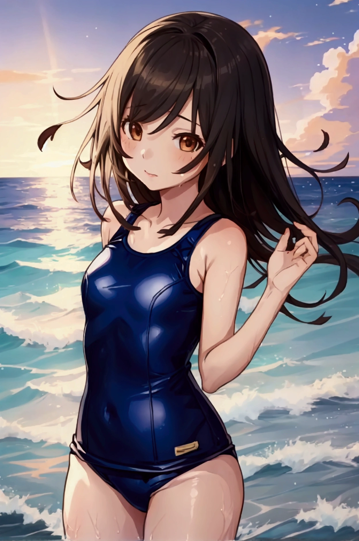 One Girl,Ocean,School swimsuit,Sengoku Nadeshiko, - SeaArt AI