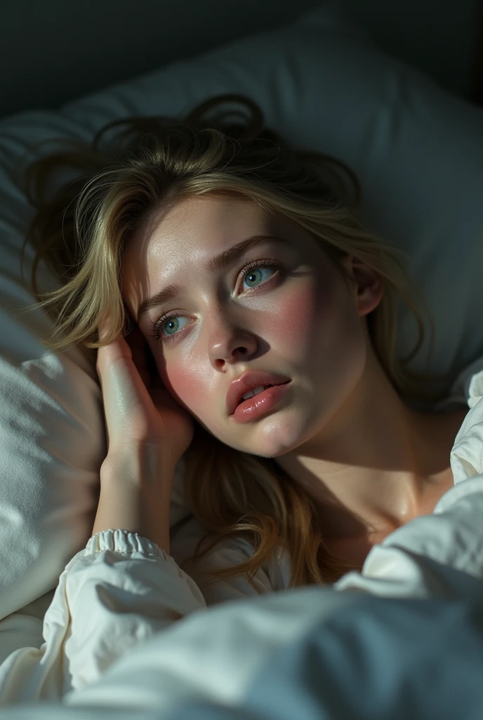 Make a blonde girl from afar laying in bed, staring at the roof with ...