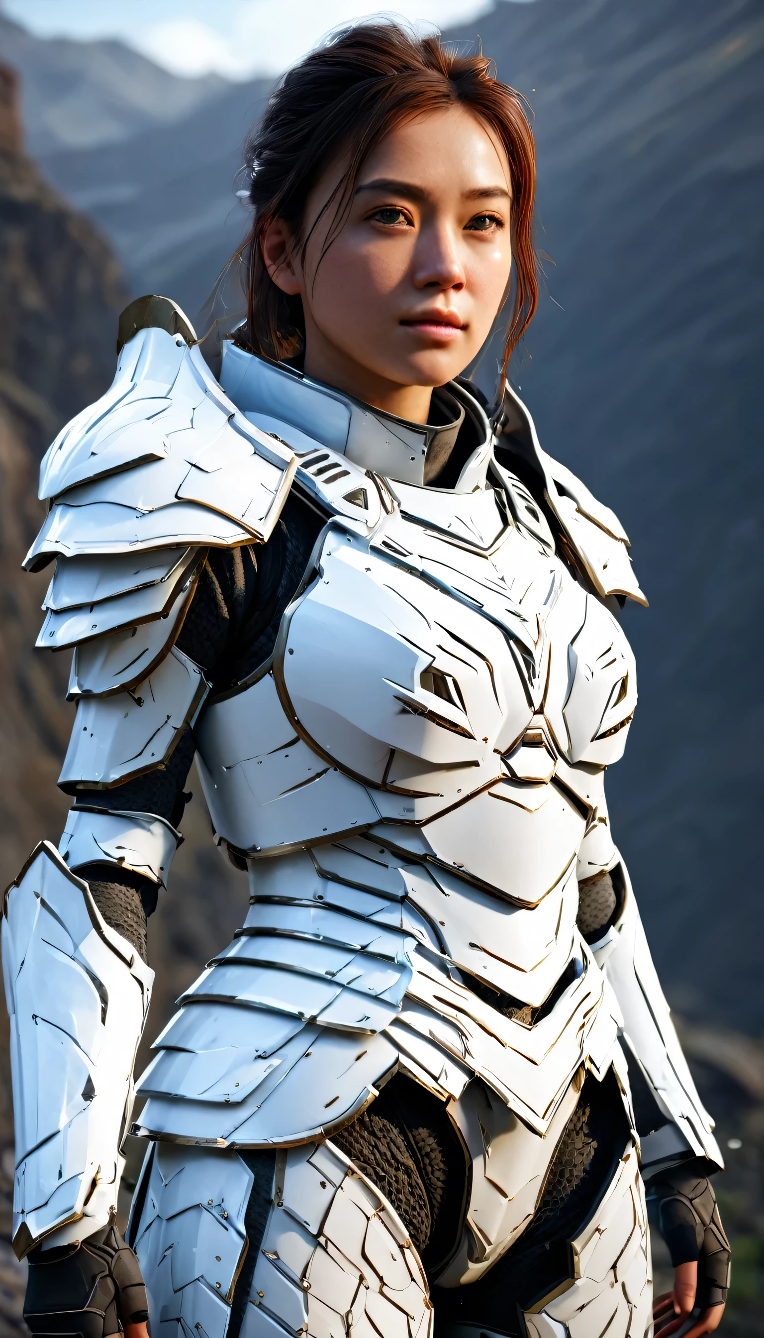 A close up of a woman in a white armor suit standing on a rock - SeaArt AI